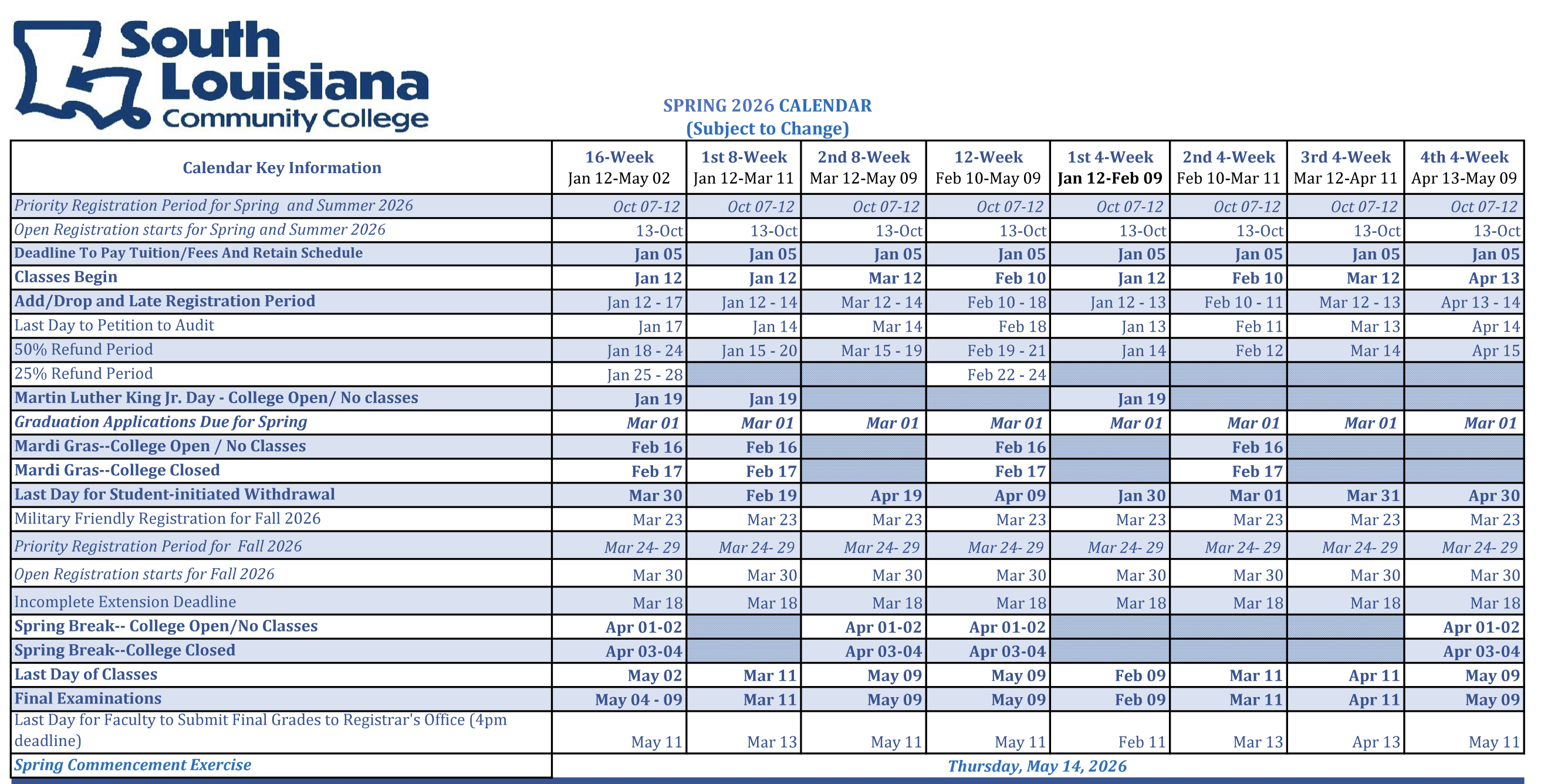Academic Calendar - South Louisiana Community College